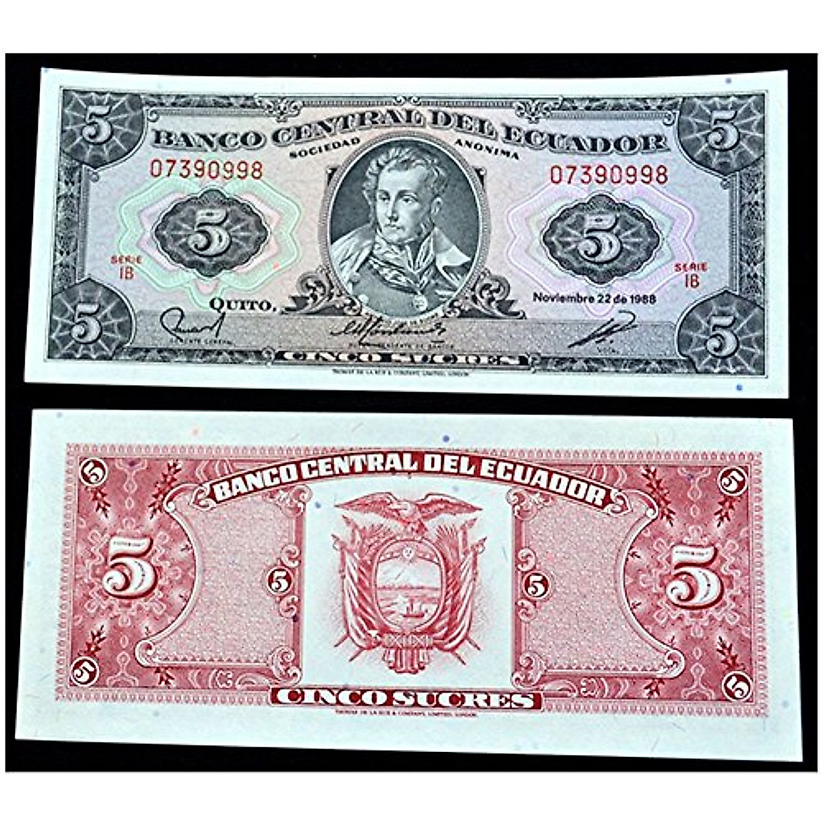 1988 EC OBSOLETE ECUADOR BANKNOTE w FOUNDER of COUNTRY! ORNATE OLD DESIGN ENGRAVED in LONDON 5 SUCRES Gem Crisp Uncirculated