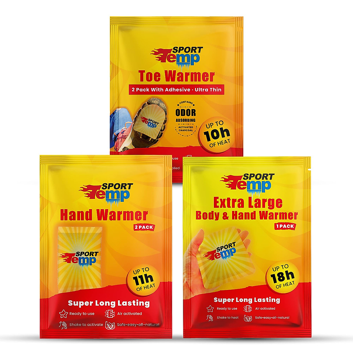 Hand, Toe, & XL Body and Hand Warmers - Variety Pack, 10 Pairs Hand Warmers, 10 Pairs Toe Warmers with Adhesive, 10 XL Hand & Body Warmers - Air Activated - Odorless Hot Hand - Sport Temp
