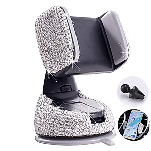 Bling Crystal Car Phone Mount with One More Air Vent Base, Universal Cell Phone Holder for Dashboard,Windshield and Air Vent. (Sliver)