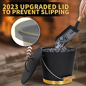 Mini Ash Bucket with Lid,Shovel & Hand Broom,Galvanized Steel Metal Charcoal Container, Coal Bucket with Handle,Tool Set Accessories for Fireplace Indoor & Outdoor, Fire Pit, Wood Burning Stove.Golden