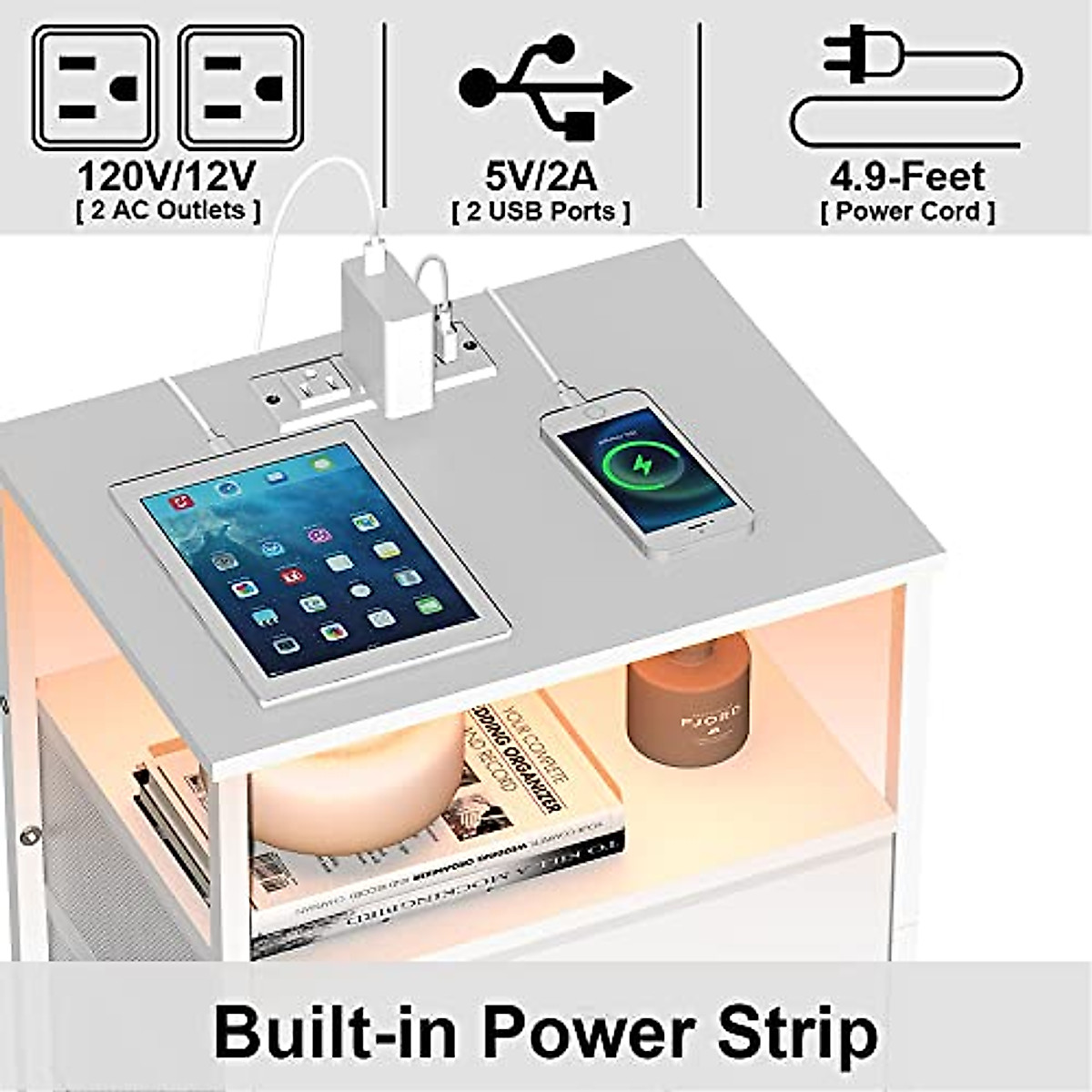 Tohomeor End Table with Charging Station LED Light Nightstand Bedroom Bed Side Dresser with 3 Fabric Drawers Open Storage Shelf Living Room Sofa End Table with USB Ports and Outlet (White, 1 Pack)
