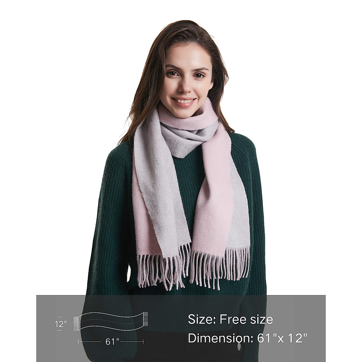 EURKEA 100% Cashmere 2023 Winter Collection, Women Fringed Edges Scarf, Gift Ready, Colors Available in Solid/Plaid/2-Tone, Pink and Light Grey, Free Size