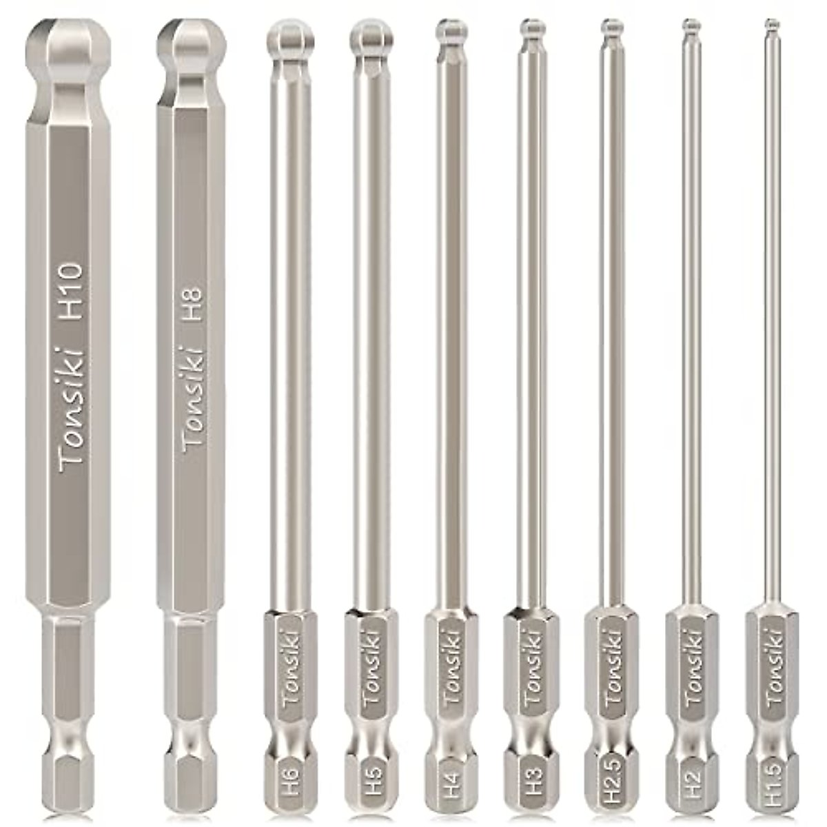 Tonsiki 9PCS Ball End Hex Head Allen Wrench Drill Bit Set, Metric S2 Steel Hex Bits Set, 1/4" Hex Shank Magnetic Screwdriver Bit Set for Assembling Furniture, 4'' Long - 1.5/2/2.5/3/4/5/6/8/10mm