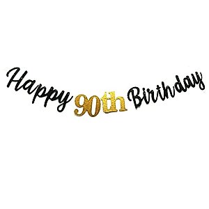 MEDIMQC Black Happy 90th Birthday Banner Sign Gold Glitter 90 Years Birthday Party Decorations Supplies Anniversary Celebration Backdrop Pre-Assembled (Black)