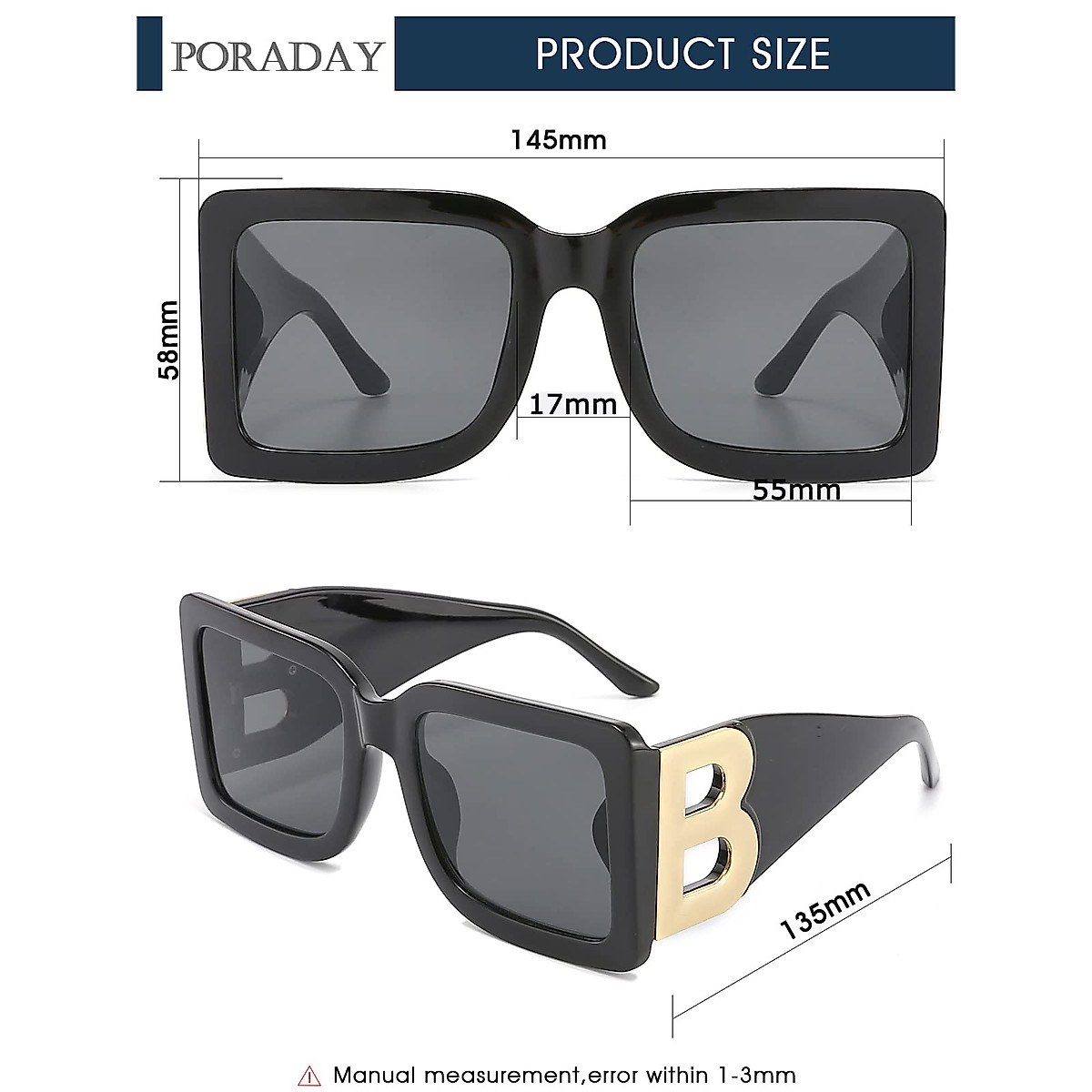 PORADAY Fashion Large Square Sunglasses for Women Men Trendy Black Thick Frame Luxury Designer Sun Glasses Modern Big Frame (Black Gold/Grey)