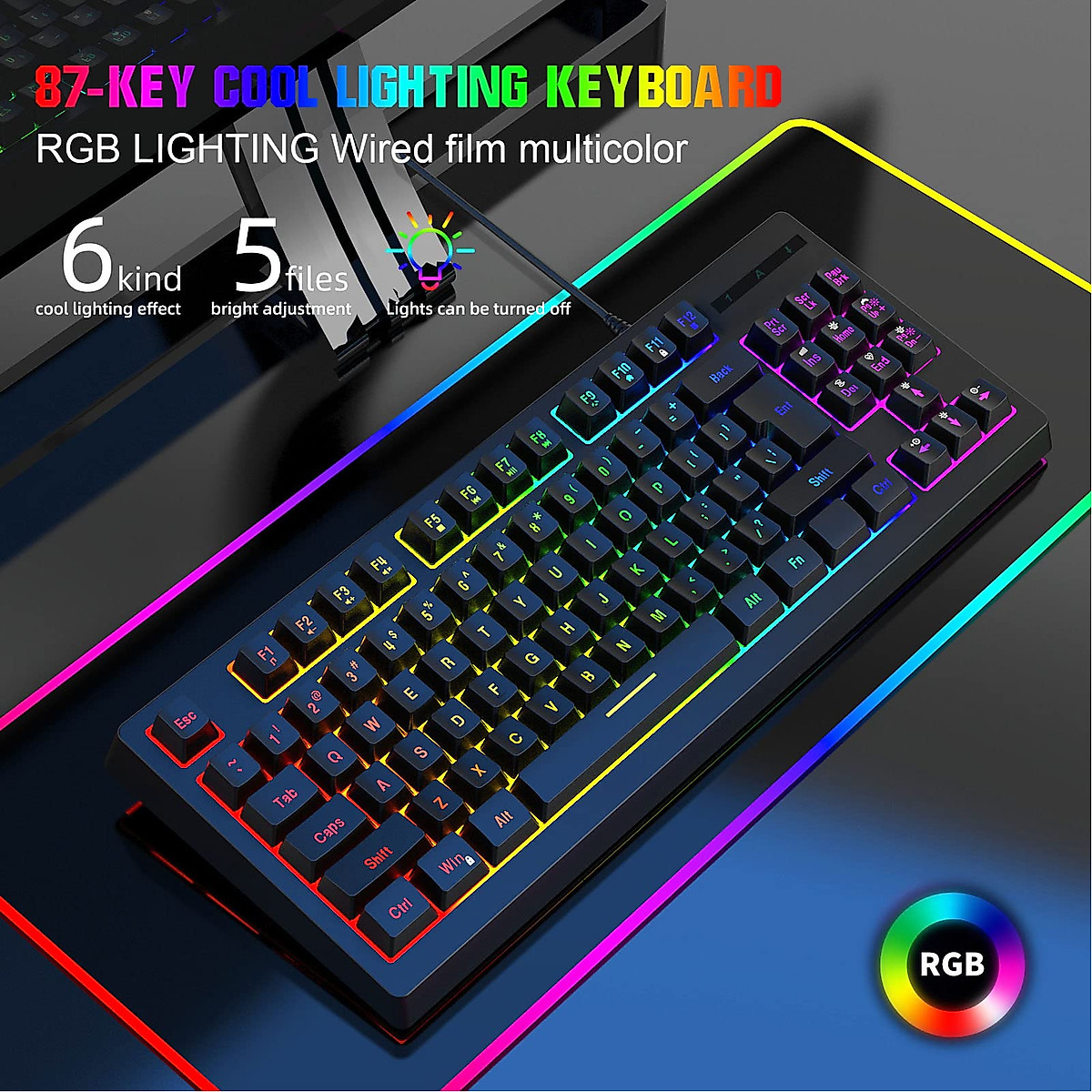 Septpenta Mechanical Gaming Keyboard, RGB 87 Keys Ultra Slim LED Backlit Wired Keyboard, Dual Color Injection Keycaps, Ergonomic Keyboard, Compatible with Win7, Android, OS, Etc