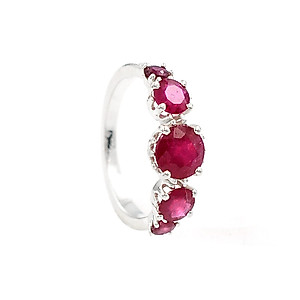 7 MM Round Cut Natural Red Ruby Gemstone 925 Sterling Silver July Birthstone Three Stone Proposal Ring For Girlfriend Gift (Rose Gold Rhodium Plated Silver, 9)