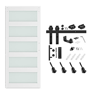 SmartStandard 36 x 84 in Glass Barn Door with 6.6FT Sliding Hardware Kit & Handle, Pre-Drilled Ready to Assemble, Waterproof PVC Coating, White, 5-Panel Glass