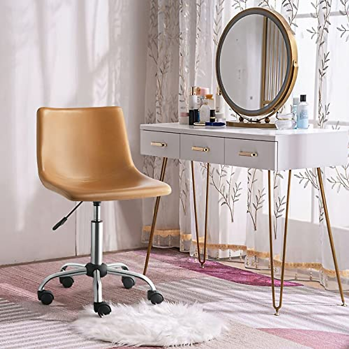 OFIKA Mid Back PU Leather Task Chair,Home Office Desk Chairs with Wheels, Leather Swivel Office Chair for Office, Home, Make Up,Small Space, Bed Room