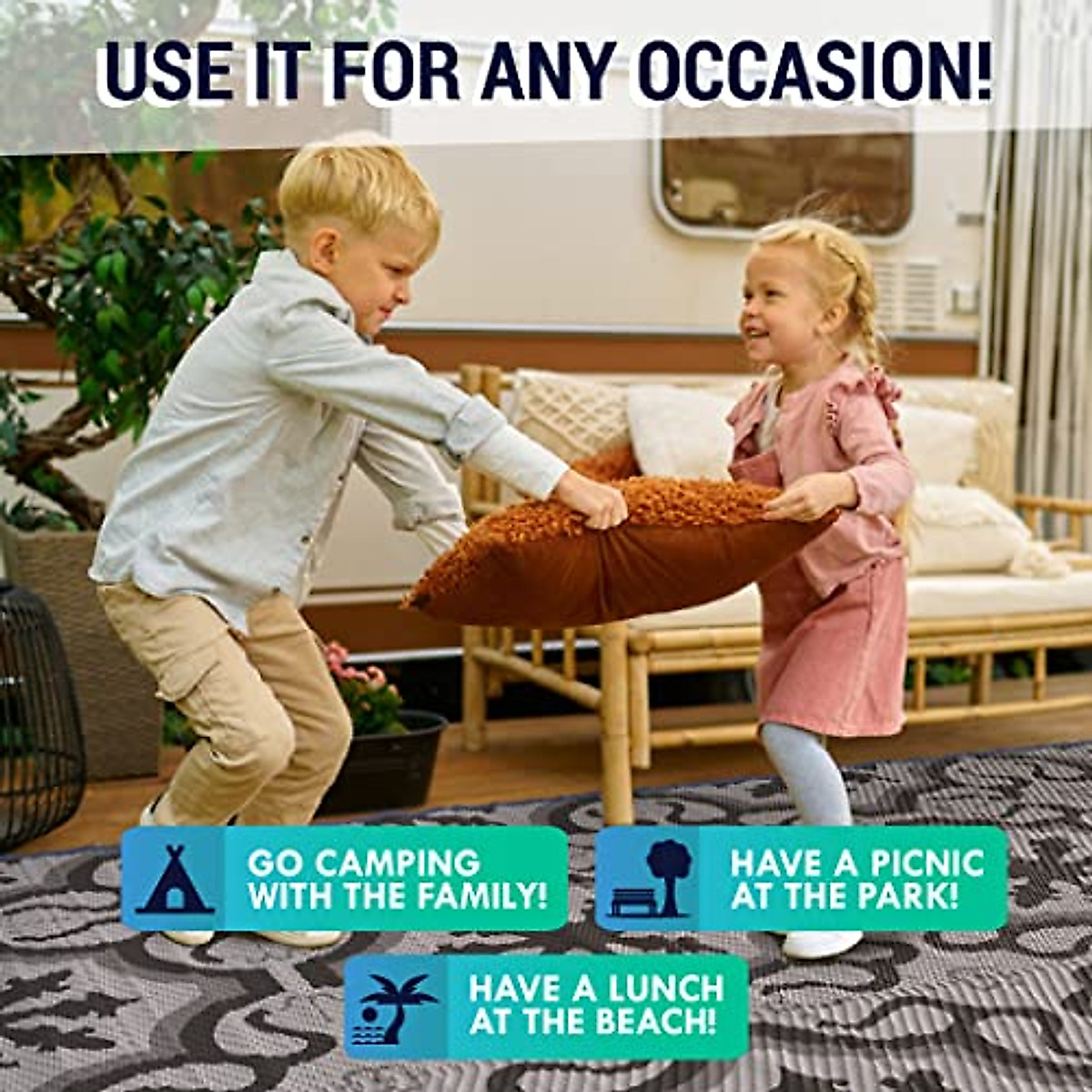 LATCH.IT RV Outdoor Rugs 9x12 | Reversible RV Outdoor Mat Camper Rugs | Camping Outdoor Rugs | The Perfect RV Patio Mat for Any Situation & Includes Portable Small Trash-Can!