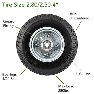 Marathon 2.80/2.50-4" Narrow Width Flat Free Hand Truck / Utility Cart Tire on Wheel, 3"Centered Hub, 1/2" Bearings