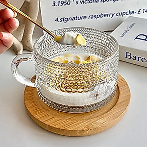 ZOOFOX Set of 4 Glass Coffee Mugs, 14 Oz Clear Glass Cups with Golden Spoons, Vintage Embossed Coffee Cups Set for Latte, Espresso, Cappuccino, Cereal, Yogurt, Tea and Hot Beverage