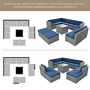 Goohome 9 Pcs Patio Furniture Sets, Outdoor Couch All Weather PE Wicker Ratten Sectional Sofa w/Coffee Table, Comforty Ottoman, for Garden Lawn Backyard, G-Blue Cushions