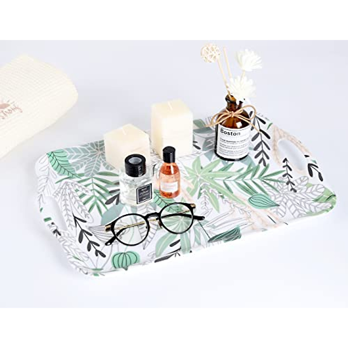 FlosSolis 16.5"x11.5" Serving Tray with handle Set of 2 leaf design, Melamine Rectangular Serving Tray/Platters stackable Sturdy and easy clean for Serving food,fruit,desserts,breakfast,meals,BPA FREE