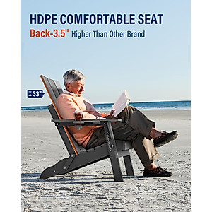 POWERWOOD Modern Adirondack Chair, Oversized HDPE Folding Adirondack Chairs Wood Texture, Higher Back All Weather Plastic Adirondack Chair Set with Cup Holder, Fire Pit Chairs for Outdoor Patio (Grey)