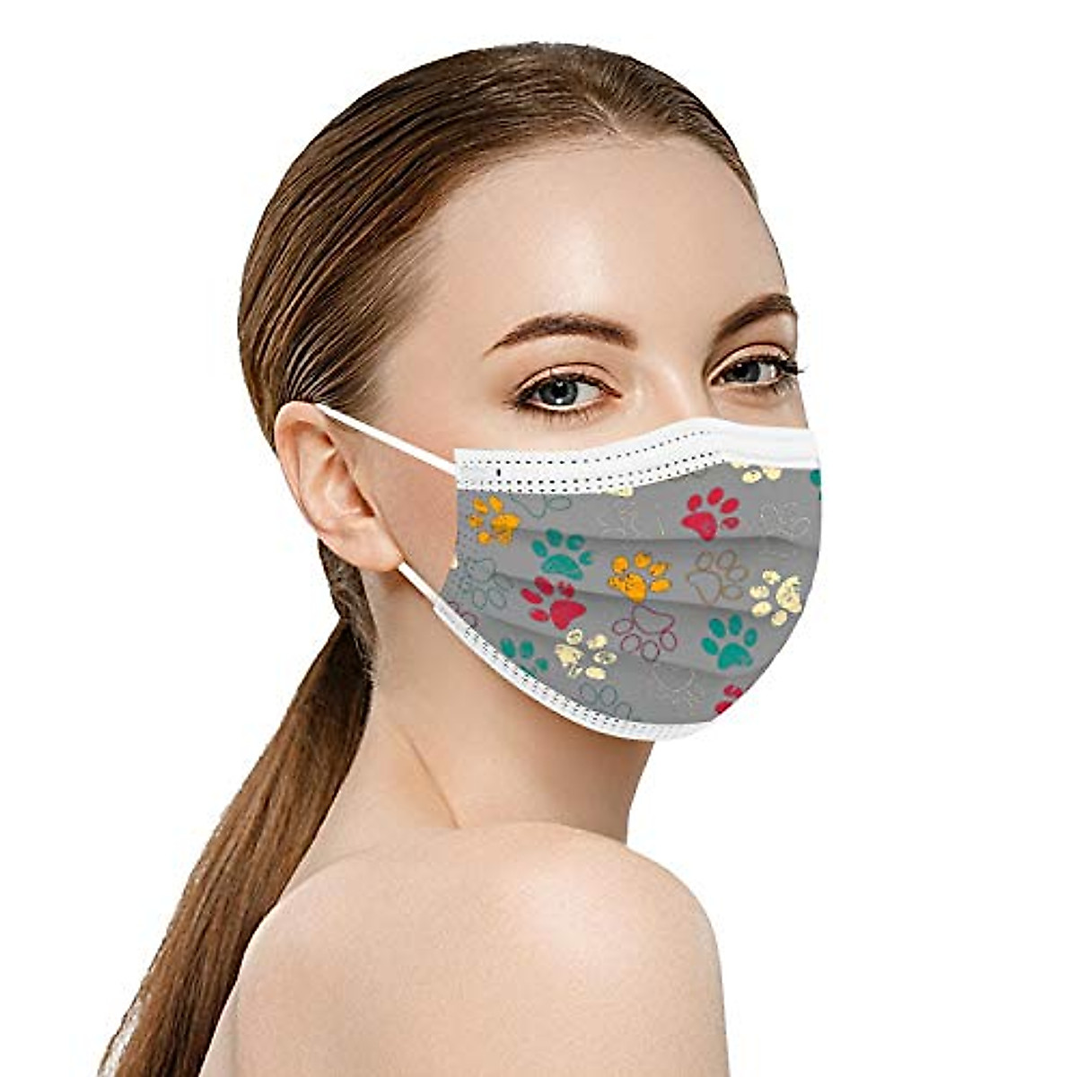 Cute face mask,animal print mask,50PC Paw Print Disposable Face Mask for Women With Cute Designs dog paw print Paper mask(C)
