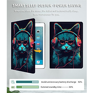 Case for Galaxy Tab S7 FE 5G/S8 Plus/S7 Plus 12.4" Tablet PU Leather Slim Lightweight Cover with Auto Wake/Sleep Protective Case for Samsung Tab S7 FE 2021/S8+ 2022/S7+ 2020,Cat with Headphones Music