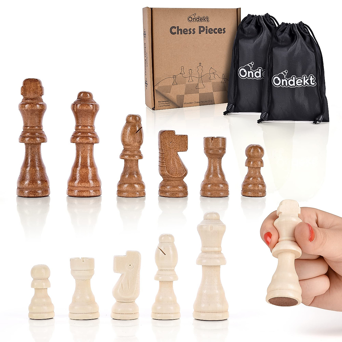 Wooden Chess Pieces Only – 32 Pieces Staunton Style Handcrafted Wood Chessmen with 2 Pouch Bags for Ease of Storage – 3” King – Gift Packaging – Luxurious Felt Bottom – Replacing Missing Chess Pieces!