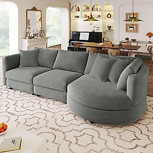 Merax 3 Seater Upholstered Couch Living Room Sofa with Three Pillows and Curved Seat for Apartment, Grey Sectional
