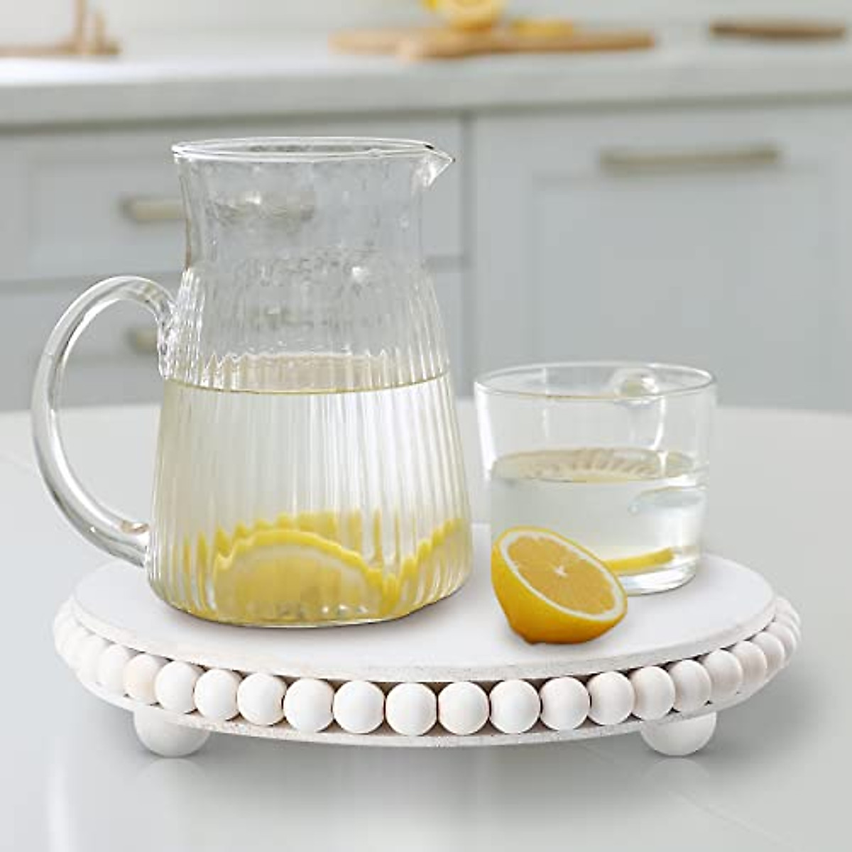 Yookeer 2 Pcs Wooden Risers for Displays Round Wood Riser Distressed Wood Risers Farmhouse Pedestal Display Stand Rustic Pedestal Stand Beaded Decor for Tiered Trays Home(6/ 9.5 Inch,White)