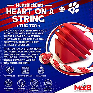 SodaPup MuttsKickButt Heart on a String – Durable Dog Tug Toy, Chew Toy, & Treat Dispenser Made in USA from Non-Toxic, Pet-Safe, Food Safe Natural Rubber for Bonding, Exercise, Training, & More