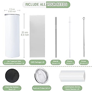 Kocdam 8 Pack Sublimation Blanks, 20oz Sublimation Tumblers Skinny Straight with Lids and Straws Bulk, Stainless Steel Double Wall Polymer Coating for Heat Transfer Customized Gifts
