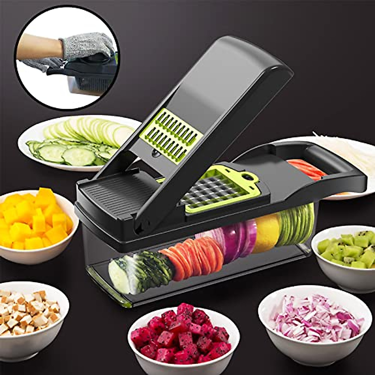 DLD 12 in 1 multi-function vegetable and fruit chopper kitchen multi-function diced vegetable artifact potato shredded grater grater household potato chip sliced grater GRAY, Black, 12.5*4.5*4.5