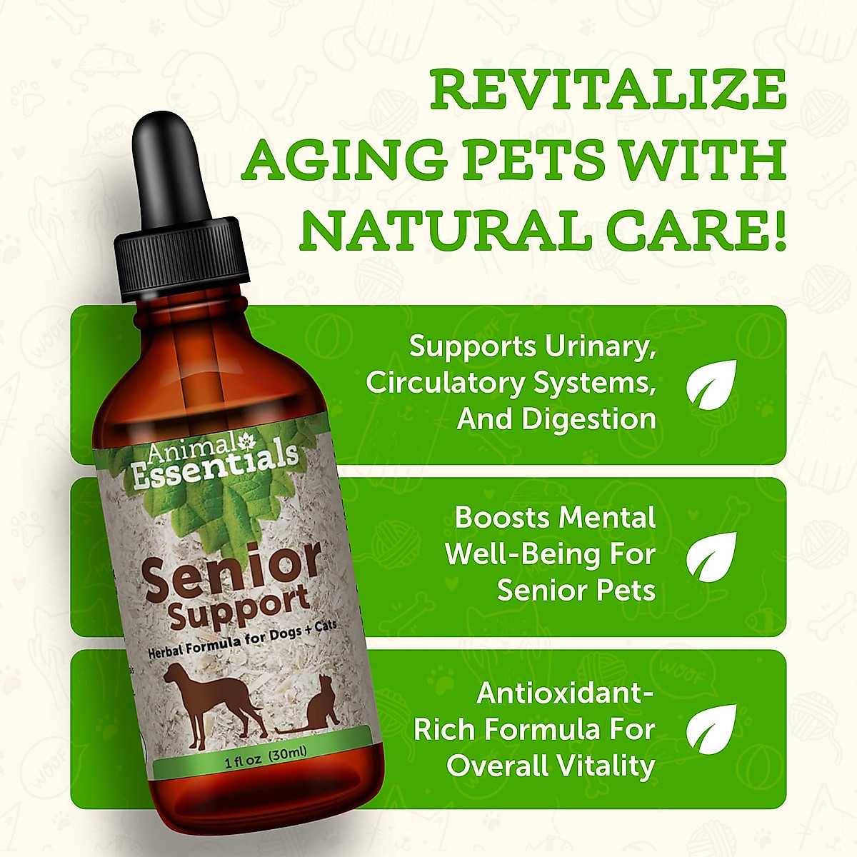 Animal Essentials Senior Support Supplement Dogs and Cats, 1 fl oz - Made in USA Physical and Mental Well-Being