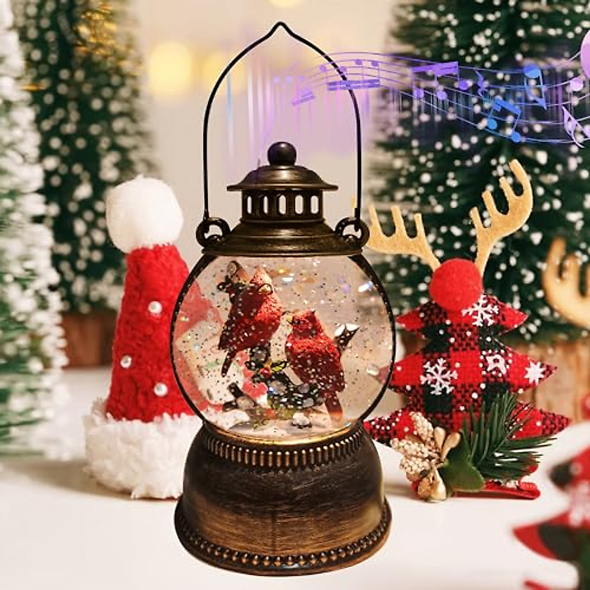 Christmas Snow Globe Lantern, Lighted Water Lantern with Music and 6 Hour Timer, USB Lined/Battery Powered Singing Lantern, Christmas Decor Gifts - Two Red Cardinals 10.4 in.