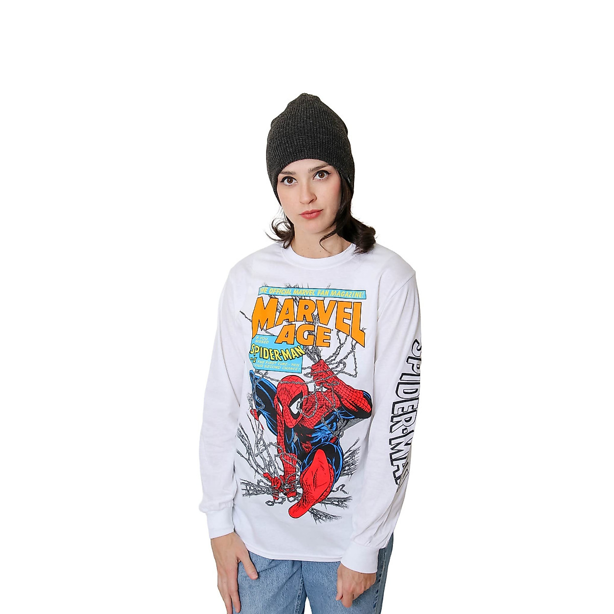 Marvel Spider-Man Age Long Sleeve Mens Adult T-Shirt(MD, White)