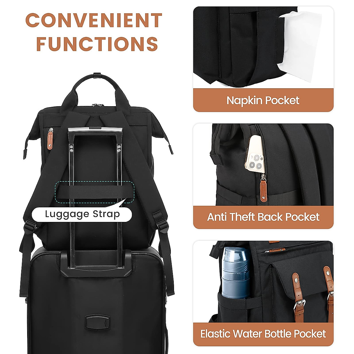 LOVEVOOK Laptop Backpack Purse for Women Work Traveling Commuter Backpack Business Computer Bag Doctor Nurse Bags College Backpack Teacher Laptop Bag, 15.6 Inch, Black-brown (Upgraded)