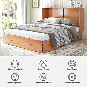 ijuicy Queen Size Murphy Bed, Queen Murphy Cube Cabinet Chest Bed with 3 Level Folding Memory Foam Mattress & USB Charging Station& Large Drawers (Russet Brown,Poplar)