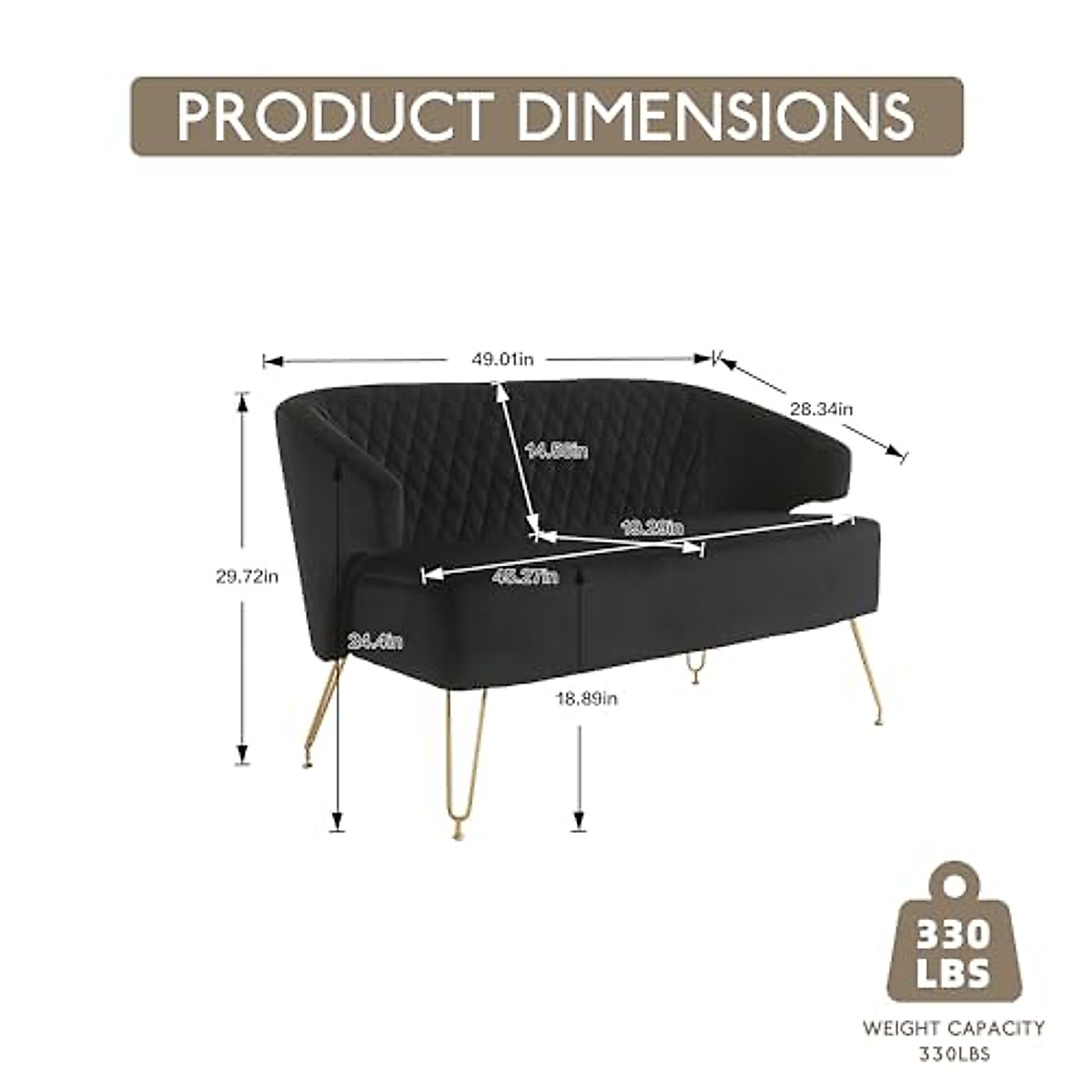 QQU Modern Velvet Loveseat Sofa, Comfy Upholstered Seat Couch with Metal Legs, 2-Seater Accent Sofa Chair, Living Room Sofa with Tufted Backrest, Black