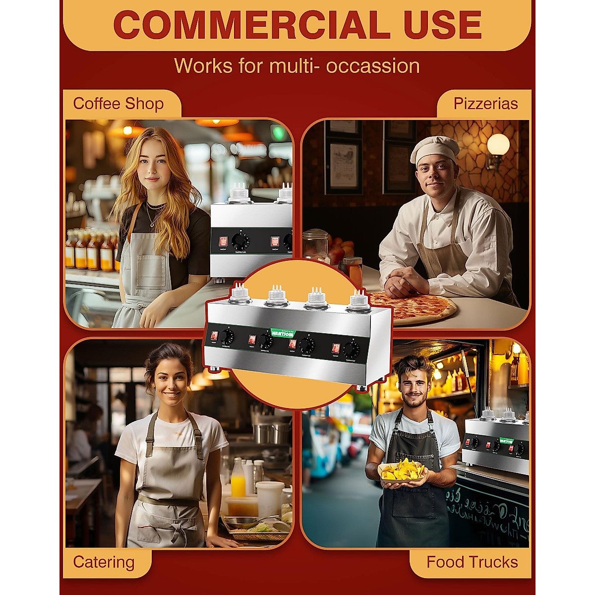 WantJoin Electric Sauce Warmer Dispenser - Countertop Stainless Steel Sauce Heat Preservation Machine 640W Hot Fudge Nacho Cheese Ketchup Chocolate Warmer for Commercial with 650ml Squeeze Bottle*4