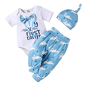 Yuemengxuan My First Easter 3Pcs Outfit Newborn Baby Girl Boy Bunny Printing Romper+Elastic Waist Pants+Cute Hats Set (Blue, 12-18M)
