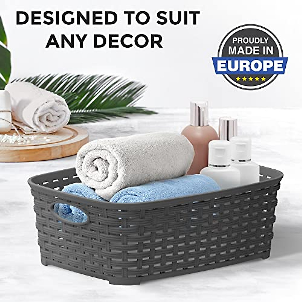 European Made Plastic Storage Bins, Heaviest Duty, Household Organizers for Bathrooms, Bedrooms, Kitchens, Laundry Room, Cabinets, Shelves, 4 Pk, Dark Grey