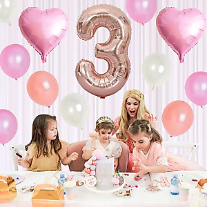 JOYMEMO 3rd Birthday Decorations for Girls Pink and Rose Gold Happy Birthday Banner Cake Topper, Little Miss Threenager Garland, Rose Gold Large Number 3 Foil Balloon and Pink Heart Balloons