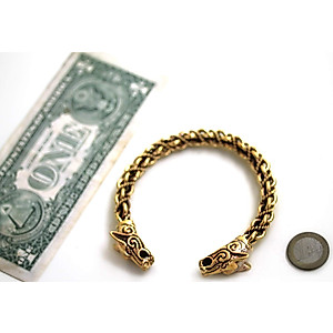 LynnAround Big Size Bronze Norse Viking Fenrir Wolf Head Twisted Cable Bangle Cuff Bracelet Arm Ring Pagan Jewelry (8.50, Weave Body)