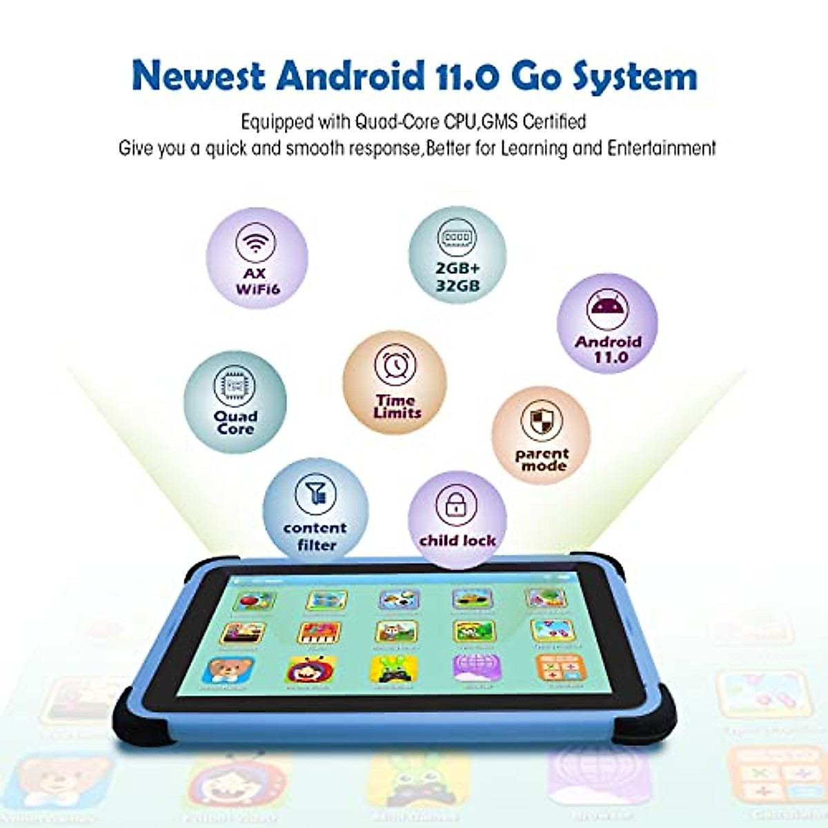 8 inch Kids Tablet Android 11.0 Tablets for Kids,AX Wifi 6,1280x800 IPS HD Display,2GB RAM 32GB ROM Toddlers Tablet with Parental Control,5+8MP Camera,WiFi,with Kids-Tablet Case and Stand (Blue)