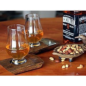 Barrel-Art Barrel Stave Whiskey Bourbon Scotch Coaster with Glencarin Glass and Galvanized Steel, Dark Walnut