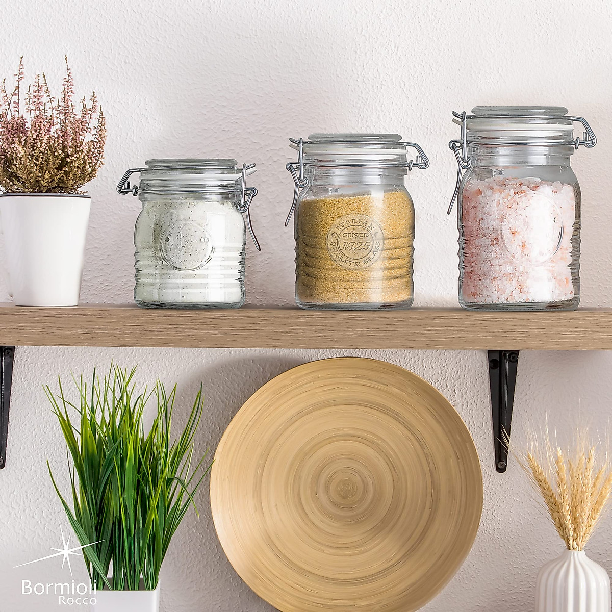 Bormioli Rocco Officina 1825 Variety Pack, Set Of 3 Glass Jars (33.75 Oz. 25.25 Oz. 17 Oz.), Wide Opening, With Airtight Hinged Lid, clear, Made In Italy.