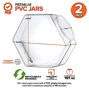 197-Ounce Plastic Jars with Lid (2 Count) - Wide Mouth Hexagon Cookie Jars - Reusable & Recyclable - Shatterproof Jars - Clear Plastic Jars for Cookies, Candy, Laundry Detergent Pods - Stock Your Home