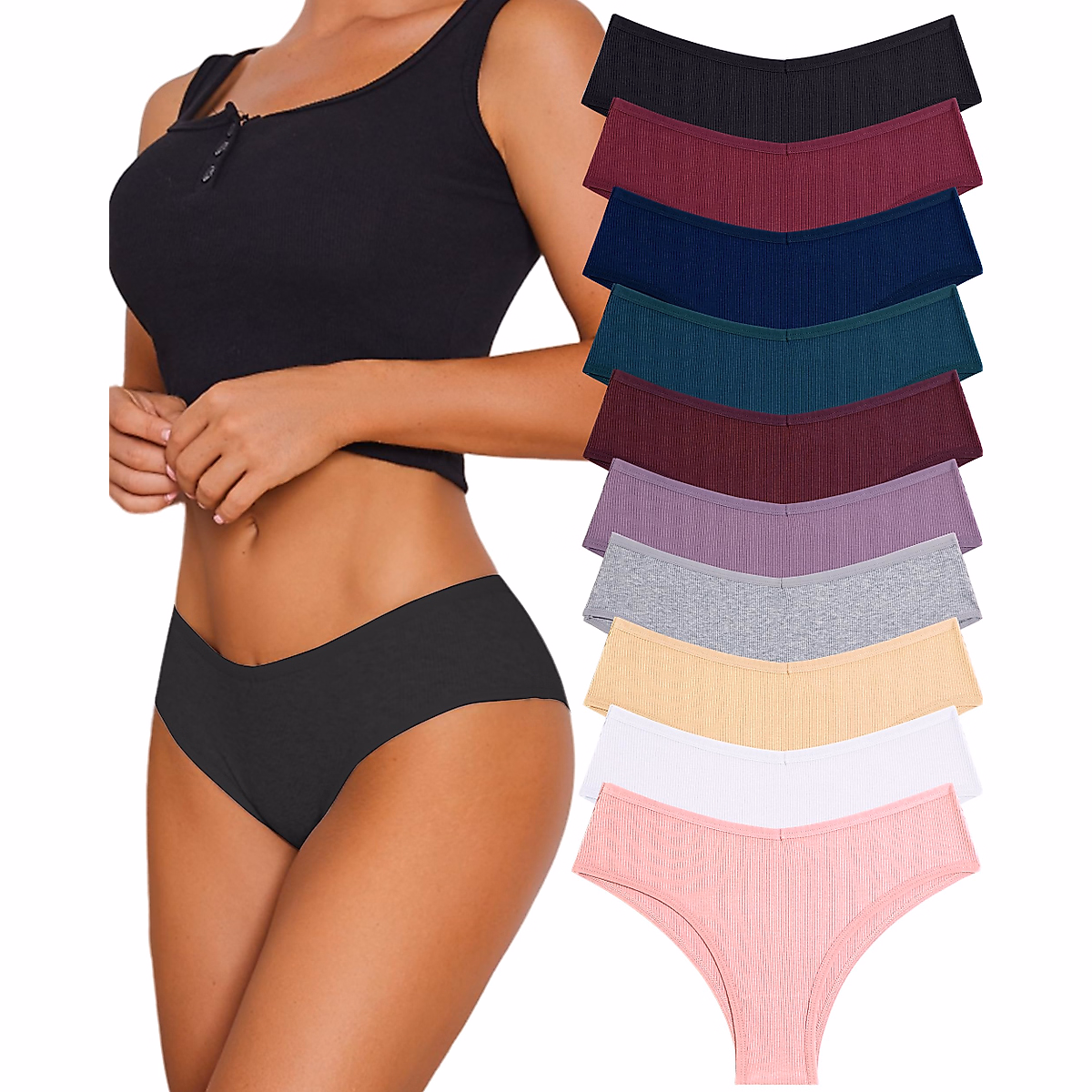 Sth Big 10 Pack Womens Cotton Underwear Sexy Stretch V-Waist Ladies Bikini Panties Low Rise Cotton Cheeky Hipster S-XXL(10A,M)