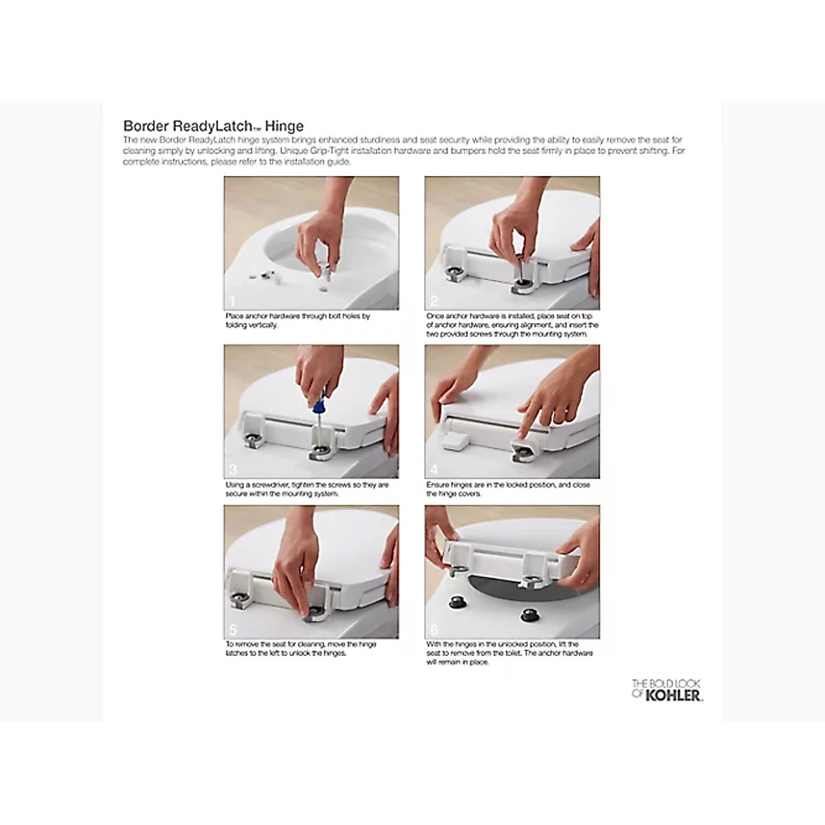 KOHLER 24495-A-0 Border ReadyLatch Elongated Toilet Seat, Quiet-Close Lid and Seat, Grip-Tight Bumpers and Installation Hardware, White