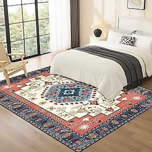 CHOSHOME Washable Rug 8x10 Vintage Boho Medallion Area Rugs with Non-Slip Backing Soft Stain Resistant Non-Shedding Low-Pile Floor Carpet Mat for Living Room Bedroom Kitchen Home Office,Red