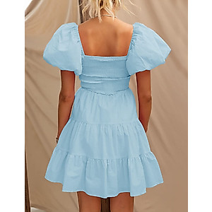 ZESICA Women's Boho 2025 Summer Square Neck Puff Sleeve Off Shoulder Smocked Tiered Casual A Line Short Mini Dress,LightBlue,XX-Large