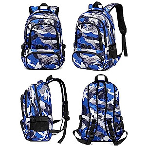 BLUEFAIRY Kids Backpack Boys Elementary School Bags Primary Middle School Book Bags for Teens Kindergarten Sturdy Waterproof Lightweight Durable Travel Gifts 17 Inch Ages 6-12 (Camo Blue)