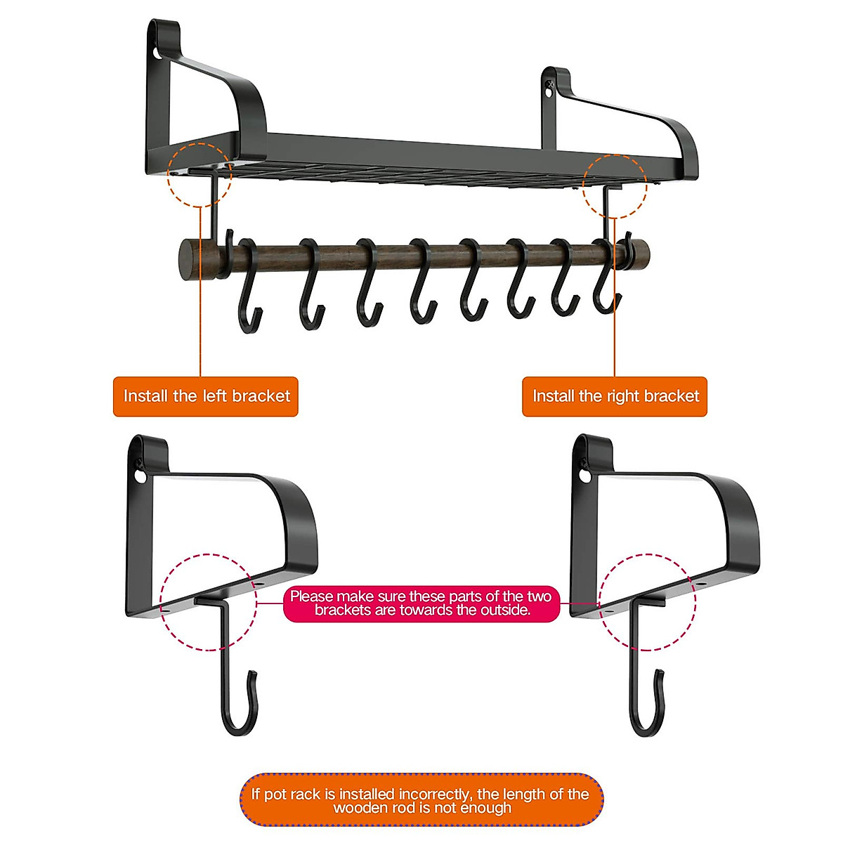 Love-KANKEI Pot Rack Wall Mounted Pan Pot Organizer Wall Shelf with Towel Bar and 8 Hooks for Kitchen Cookware Utensils Organization Black