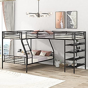 BOVZA Triple Bunk Bed, L Shaped Metal Twin Over Full Bunk Bed and Twin Size Loft Bed with 4 Built-in Shelves, 3 Bunk Beds for Kids Teens Adults, Black