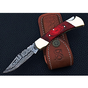 Smart & Sharp Custom Handmade Damascus Steel Folding Knife/Pocket Knife AR-17394 (Red Colored wood) (Red)